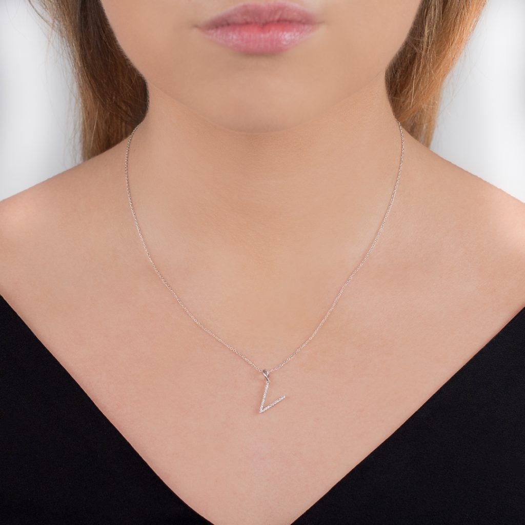 9ct White Gold Diamond Initial V Pendant Necklace - London Road Jewellery
