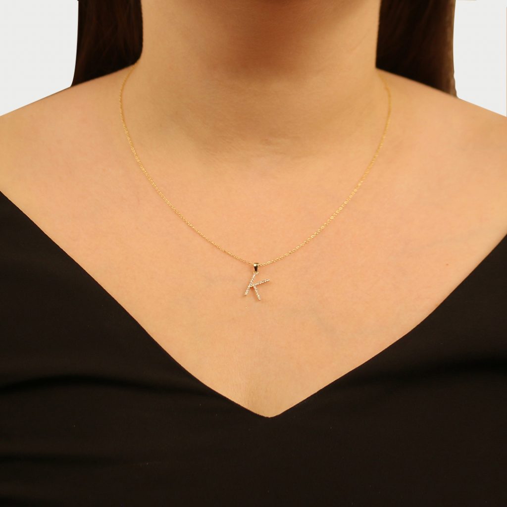 9ct Yellow Gold Diamond Initial K Pendant Necklace - London Road Jewellery